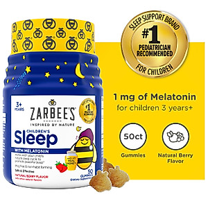 Zarbee's Children's Sleep Gummies with Melatonin, Non-Habit Forming Children's Sleep Gummies Work with Natural Sleep Cycles to Promote Peaceful Sleep, Drug-Free, Natural Strawberry, 60 ct