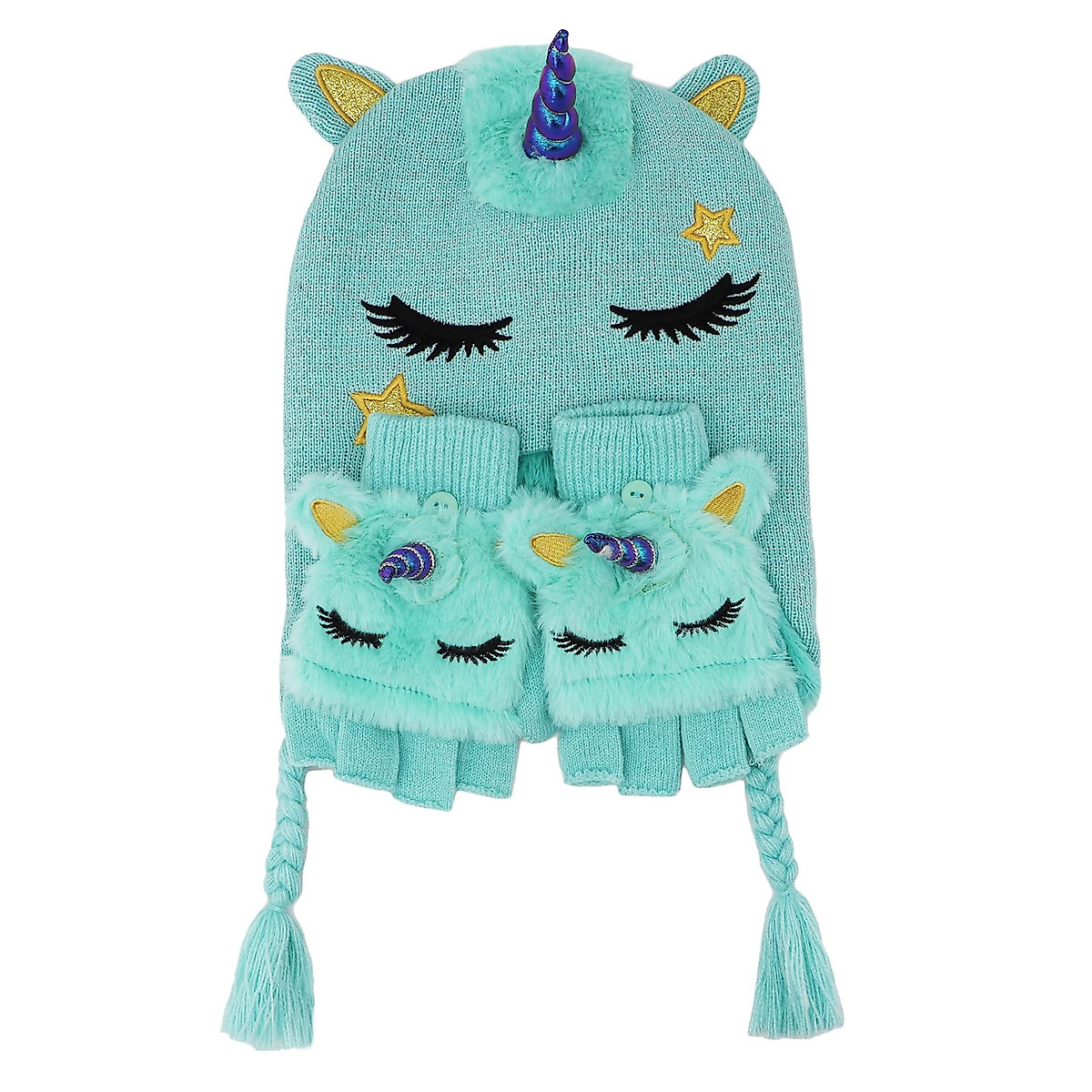 Kids Girls Cute Glitter Unicorn Beanie Winter Hat and Glove Set Knitted Earflap Cap Flip Top Mitten Set Blue