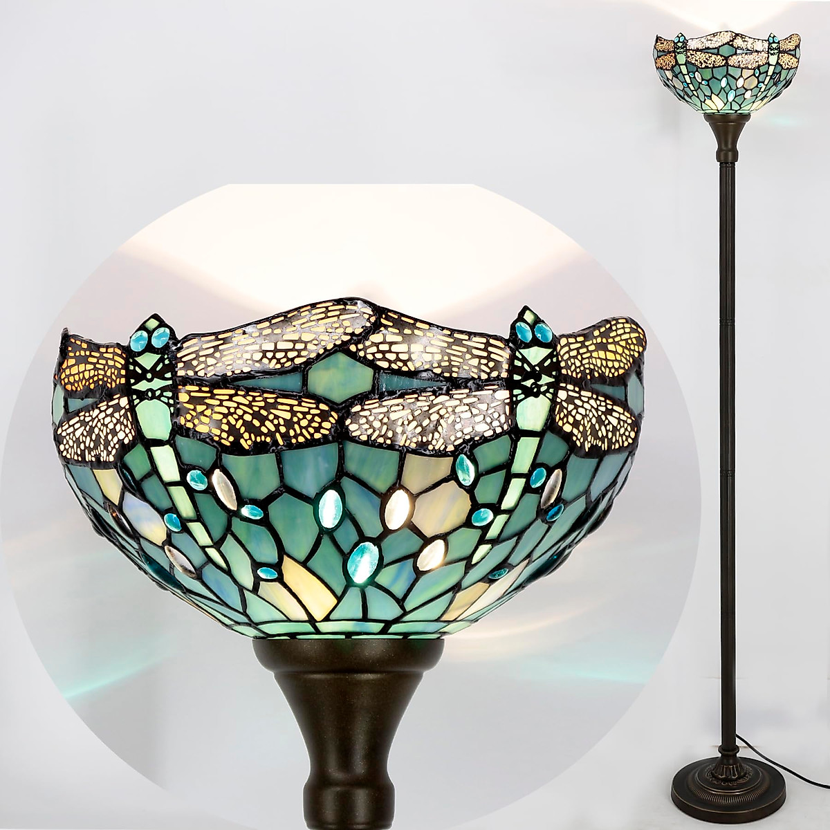 WERFACTORY Tiffany Floor Lamp Sea Blue Stained Glass Dragonfly Light 12X12X66 Inches Pole Torchiere Standing Corner Torch Uplight Decor Bedroom Living Room Home Office S147 Series