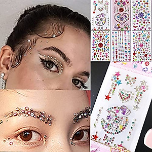 6 Sheets Eye Face Body Gems Jewels Rhinestone Temporary Tattoo Nail Art Stickers, Self Adhesive Crystal Rainbow Makeup Mobile PC Diamonds Face Stick Gems for Party Body Rhinestone