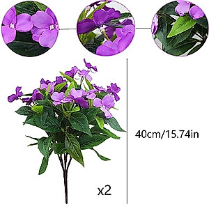 FAICOIA 2 Pcs Artificial Impatiens Flowers Bouquet Faux Impatiens Bushes Purple Silk Flowers Greenery Artificial Impatiens for Outdoors Patio Lawn Garden Balcony Pot Hanging Basket Porch Decoration