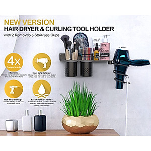 MyLifeUNIT Hair Dryer Holder, Hair Tool Organizer Wall Mounted with 2 Cups, Bathroom Blow Dryer Holder Shelf, Hair Styling Tools Organizer