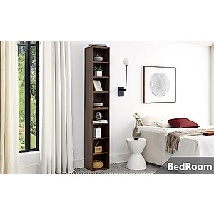 MAKIAAP Dark Brown Tall Narrow Bookshelf,8-Tiers Bookcase with Adjustable Shelves,Double-Decker Combination Thin Media Tower Rack,CD DVD Slim Storage Cabinet for Living Room,Bedroom,Studio and Office