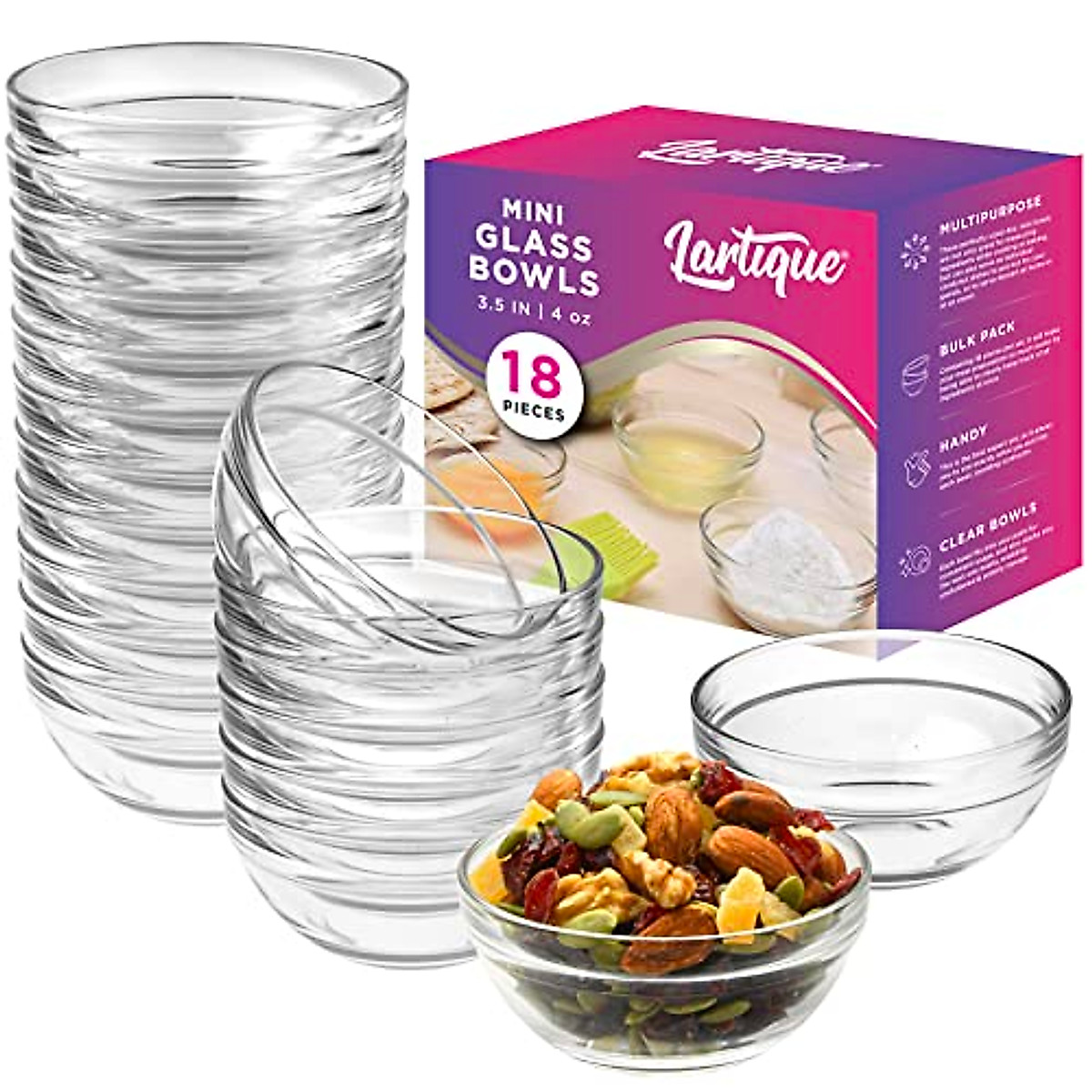 Lartique Mini 3.5 Inch Small Glass Bowls – Small Bowls Perfect for Prep, Dips, Nuts, or Candy - Meal Prep Bowls or Dessert Bowls, Set of 18