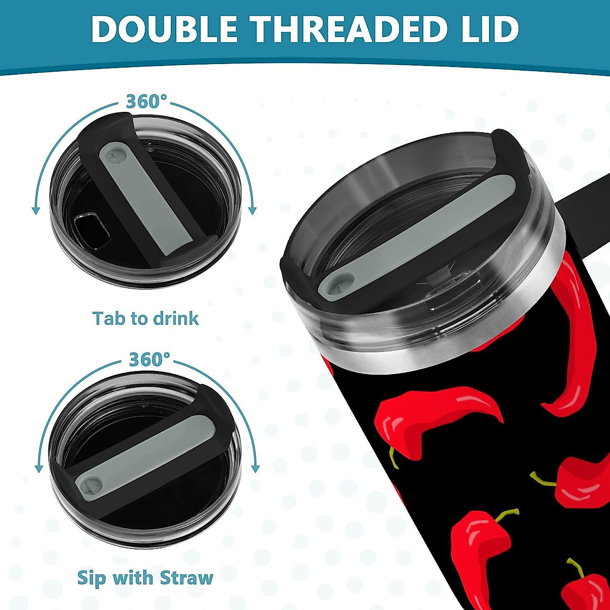 Yasala Car Tumbler with Handle Cute Chilli Red Black Funny Travel Mug Coffee Cup Insulated Beverage Container Mega Cup for Hot Cold Drinking Thermos Water Bottle Cupholder Friendly 40 oz