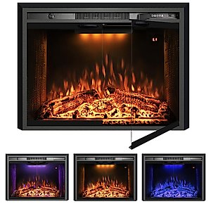 Velaychimney 30 Inches Electric Fireplace Insert, 750W/1500W Fireplace Heater with Adjustable Flame and Top Light Colors, Fire Crackling Sound, Remote Control, Timer, Glass Door & Mesh Screen, Black