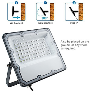 Indmird 2 Pack 60W Led Outdoor Flood Light, Exterior Flood Lights, Plug in Flood Light, for Yard, Stadium, Playground, Lawn,Garden, Garages,Basketball Court
