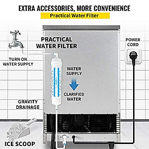 VEVOR Commercial Ice Maker Machine, 110-120LBS/24H with 33LBS Bin Stainless Steel Automatic Operation Commercial Ice Machine for Home Bar, Include Water Filter, Scoop, Connection Hose