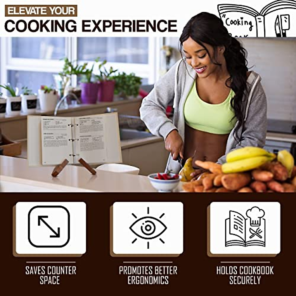 Acacia Cookbook Stand, Beautiful Cookbook Holder, Convenient Book Stand, Recipe Book Holder for countertops and Cook Book Stand for Kitchen Hands-Free Cooking, Cookbook Stand for Kitchen Counter