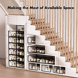 Foluck Shoe Storage Box, 15 Pack Clear Plastic Stackable Shoe Organizer for Closet, Interlocking Design Shoe Container Bins for Sneakers, Foldable Shoe Rack with Lids, Black