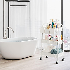 danpinera 3-Tier Rolling Cart, Metal Rolling Storage Cart with Lockable Wheels & Hanging Cups & Hooks, Mobile Trolley Cart for Kitchen, Bathroom, Office, Workshop, White