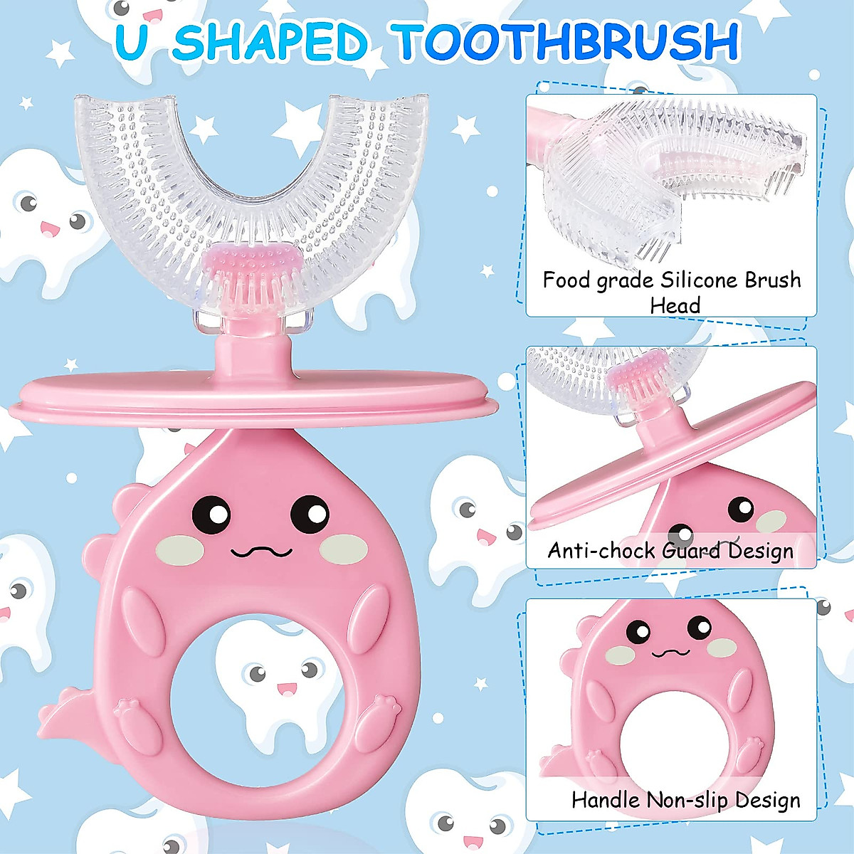 Baderke 3 Pieces Kids U Shaped Toothbrush Silicone Brush Head 360 Degree U Shaped Oral Cleaning Toothbrush with Cover Case Toddler Manual Training Tooth Brush Cute Cartoon Design for Ages 2-8