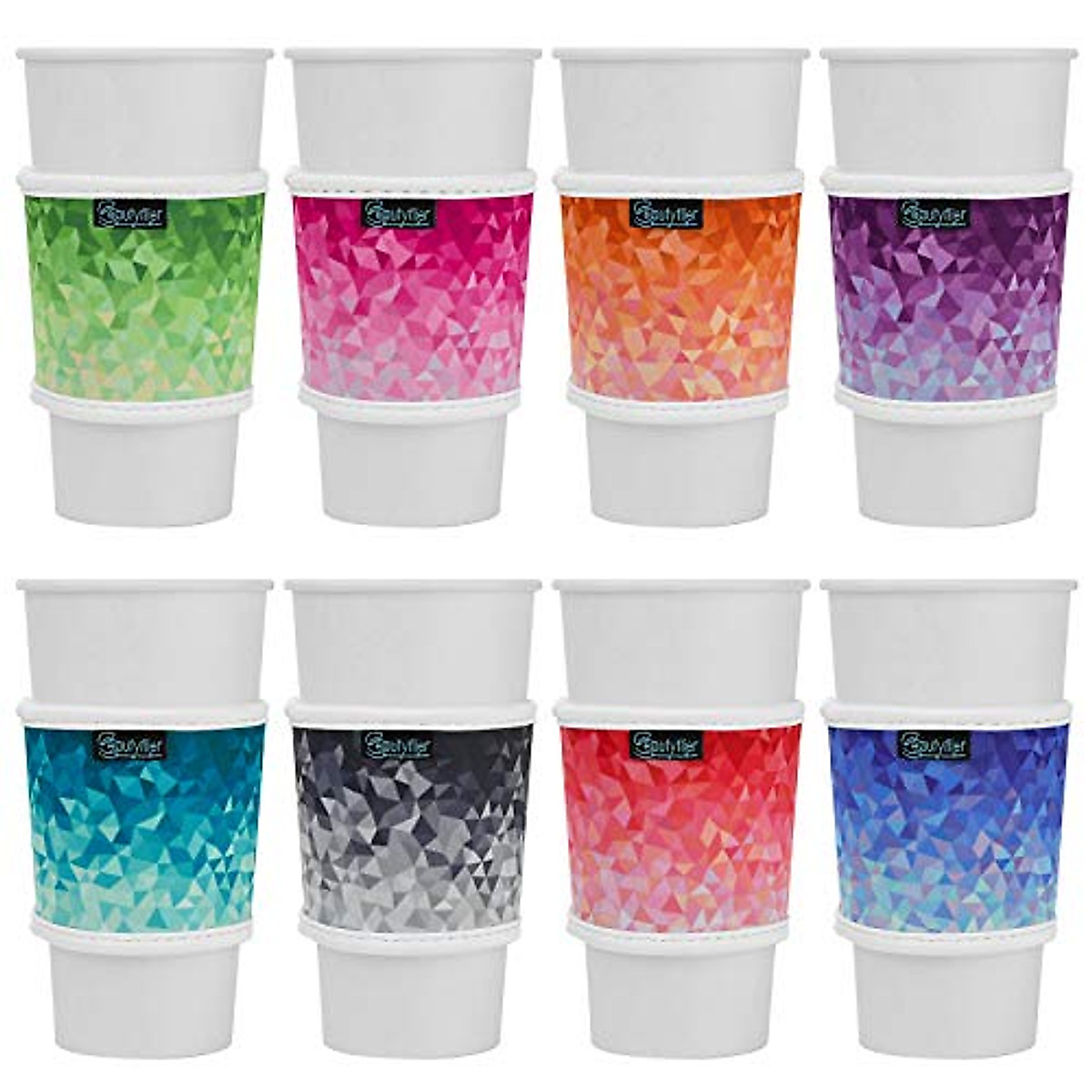 Beautyflier 8pcs Anti-Slip Neoprene 2.5mm Thick Collapsible Heat Resistant Coffee Cup Insulated Sleeve for Coffee/Tea/Cold Drinks (Geometric gradient)