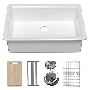 Miuara White Workstation Kitchen Sink 33 Inch - Large Undermount Kitchen Sink 33"x22", 9" Deep White Kitchen Sink Drop In, Single Bowl Topmount Fireclay Sink for Kitchen, with 4 Custom Accessories