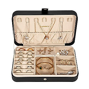 LANDICI Small Jewelry Box for Women Girls, PU Leather Travel Jewelry Organizer Case, Portable Mini Jewellery Storage Holder Display for Ring Earrings Necklace Bracelet Bangle, Black