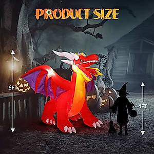 6 FT Halloween Inflatable Fire Dragon, Blow-up Red Dragon with Wings, Holiday Yard Decoration with LED Flash Light,Ground Stakes, for Lawn Yard Garden