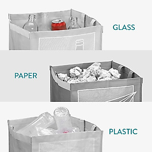 Navaris Recycle Bag Set (3 Pieces) - Reusable Recycling Bags to Separate Paper, Plastic, Glass - Recycling Bins Sorter Bin Organizer Kitchen - Gray