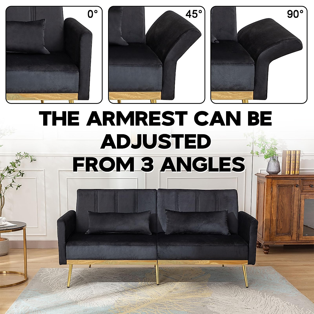 DANNRATCH 2 Pieces Velvet Sofa Set Convertible Sleeper Sofa Tufted Couch Bed with Adjustable Armrests and Backrest, Modern Loveseat Sleeper Bed with 2 Bolster Pillows for Living Room, Bedroom, Black