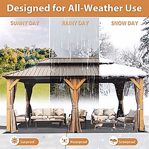 12'x20' Hardtop Gazebo with Cedar Wood Frame, Outdoor Wood Gazebo with Galvanized Steel Double Roof, Permanent Metal Roof Gazebo with Curtains and Netting for Patio, Backyard and Lawn(Brown)