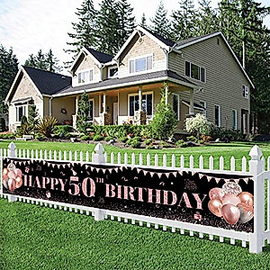 Large Happy 50th Birthday Banner Black and Rose Gold Yard Sign Birthday Banner for Women Girl 50 Years Old Birthday Photo Backgroud Party Indoor Outdoor Decoration Supplies 118 × 19.6 Inch