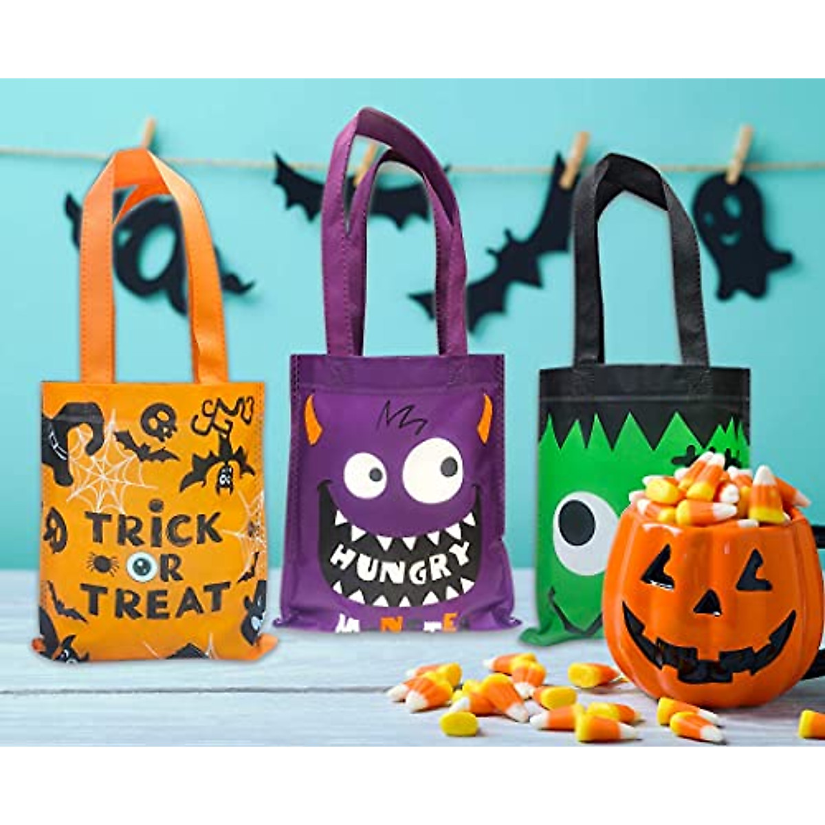 MISS FANTASY Halloween Non-Woven Bags Trick or Treat Tote Gift Bags Bulk 11.8'' x 8.6'' Party Goodie Bag with Handles for Halloween 16 Pack