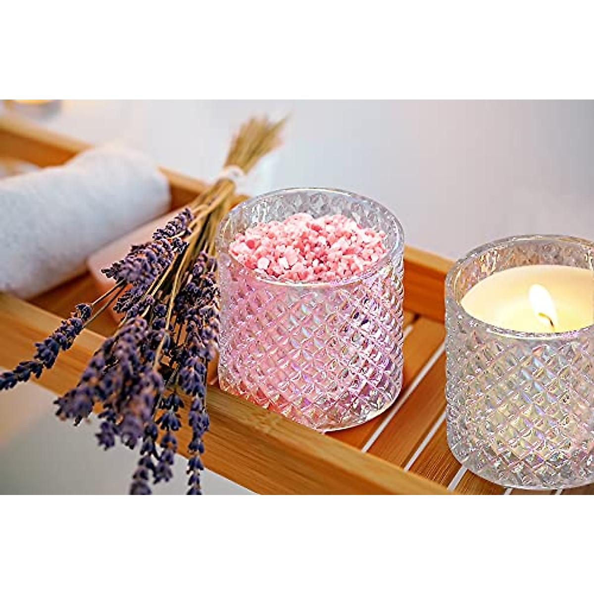 LUXETA Multi-Use Luxury Glass Apothecary Jars Embossed Candle Making Containers with Lids Home Décor Organizer for Vanity Kitchen Living Bathrooms Candy jar Decorative Votive Holders.4 Pcs -10 oz.