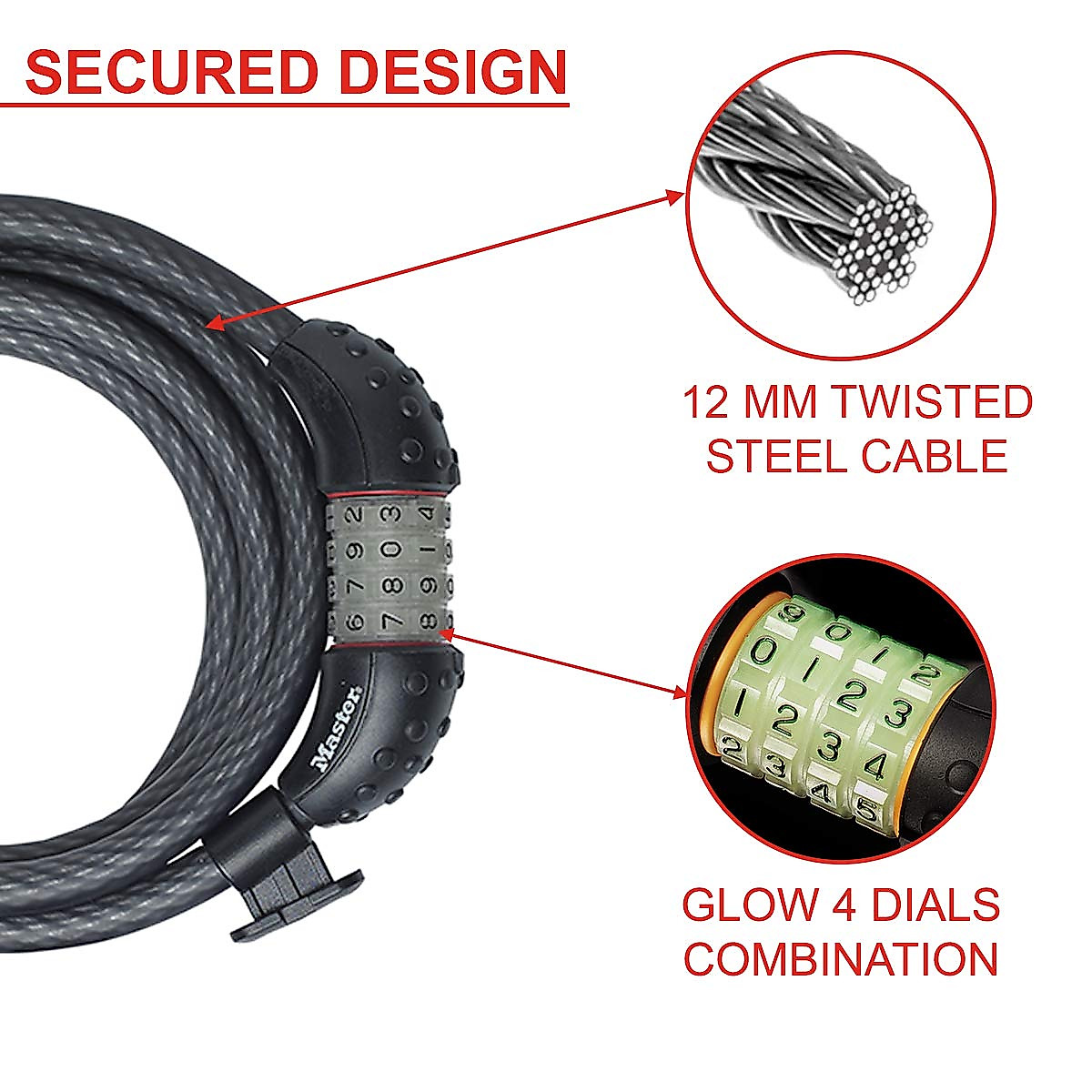 MASTER LOCK Bike Cable Lock [Combination] [1.8 m Coiling Cable] [Outdoor] [Mounting Bracket] 8190EURDPRO - Ideal for Bike, Electric Bike, Skateboards, Strollers, Lawnmowers and other Outdoor Equipment
