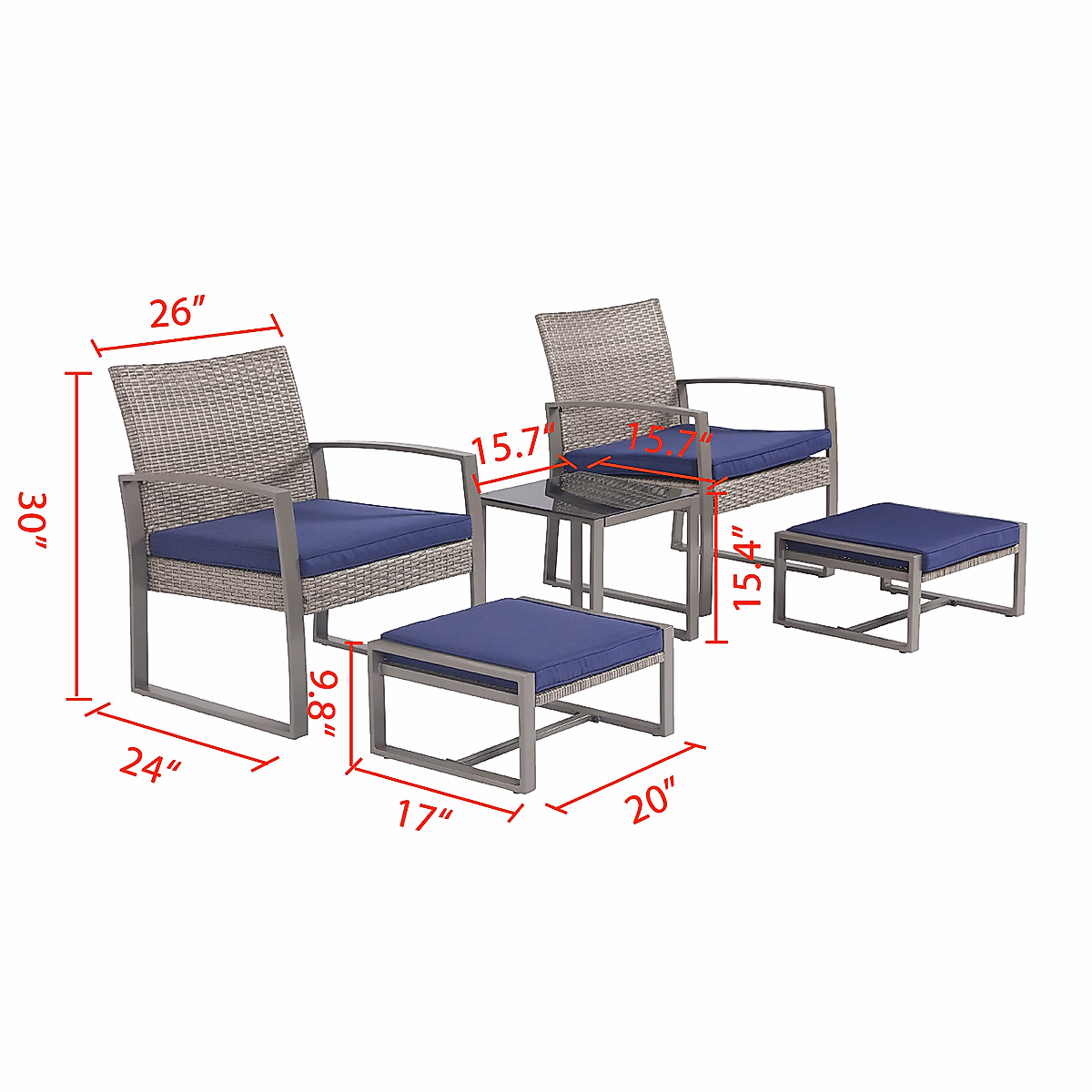 LOKATSE HOME Patio Conversation Bistro Set 5 Pieces Outdoor PE Wicker Rattan Sofa All Weather Furniture Cushioned Chairs and Ottomans with Tempered Glass Coffee Table for Backyard, Garden, Porch, Blue