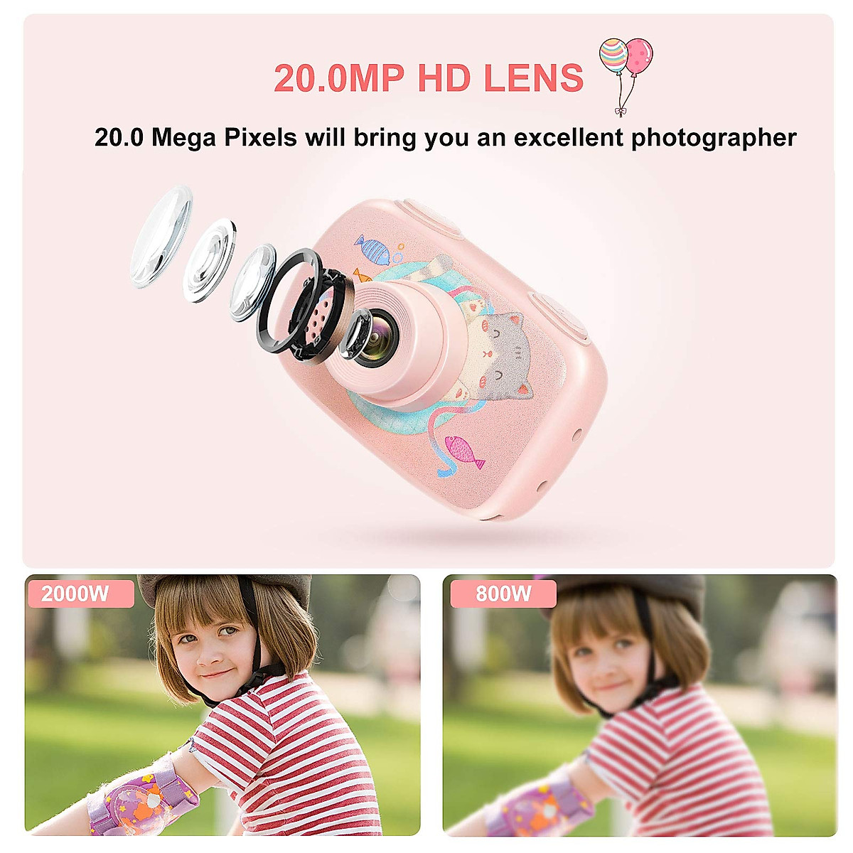 Kids Camera 20MP Digital Video Camera for Kids, Toy Camera with 2.0 Inch IPS Screen,Gifts for Children's Day,Mini Rechargeable Toddler Toys Camera for 3~12 Years Girls