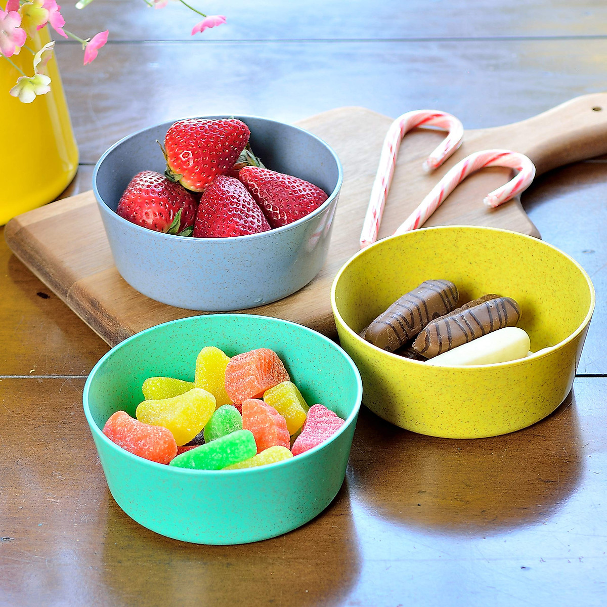 Youngever 5 Pack 14 Ounce Bamboo Plastic Bowls, Kids Bamboo Bowls, Set of 5 in 5 Assorted Colors