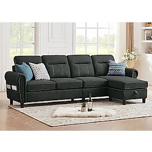Tornama Convertible Sectional Sofa L Shaped Couch Reversible Sectional for Living Room Apartment, 4 Seater Sectional Couch with Storage Ottoman, Black