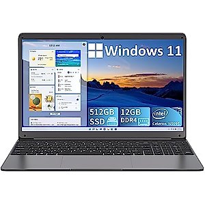 SGIN 15.6 Inch Laptop 12GB RAM 512GB SSD, Windows 11 Laptops with IPS FHD 1080P Display, PC Notebook with Intel Celeron Quad-Core Processor up to 2.9 GHz, 2.4/5.0G WiFi, BT4.2, Type-C, 53WH Battery