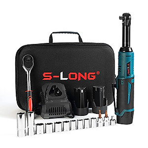 S-LONG Extended Cordless Ratchet Wrench Set, 3/8" 400 RPM 12V Power Electric Ratchet Driver with 12 Sockets, Two 2000mAh Lithium-Ion Batteries and 60-Min Fast Charge