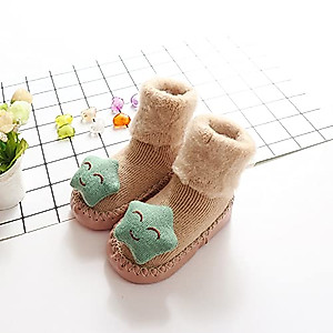 Lykmera Cute Fleece Socks Shoes Toddler Kids Boys Girls Walking Shoes Flat Bottom Floor Socks Shoes Non Slip Cartoon Shoes (Beige, 18-24 Months)