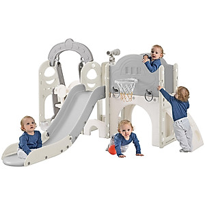 Merax 8-in-1 Kids Slide with Swing, Climber, Basketball Hoop, Tunnel, Telescope and Storage Space, Outdoor Indoor Slide for Toddlers Age 1+