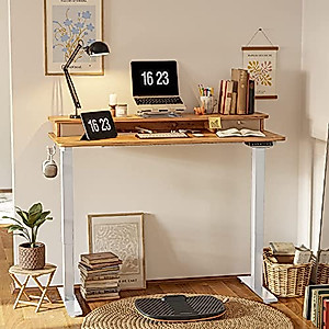 FEZIBO Height Adjustable Electric Standing Desk with Double Drawer, 40 x 24 Inch Stand Up Table with Storage Shelf, Sit Stand Desk with Splice Board, White Frame/Light Rustic Brown Top