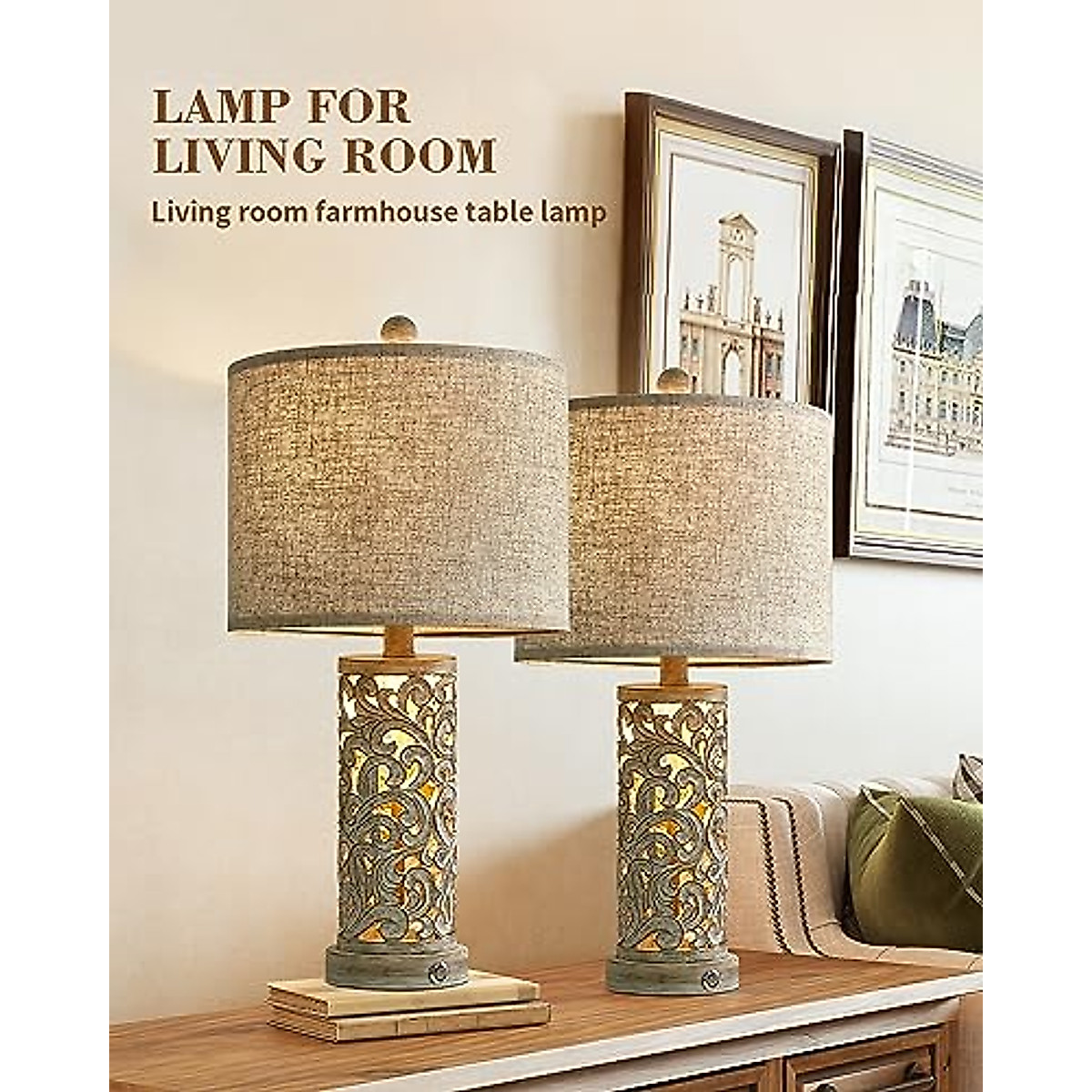 OYEARS 3-Way Dimmable 22'' USB A+C Touch Control Table Lamp Set of 2 with Nightlight for Living Room Bedroom Farmhouse Bedside Nightstand Lamps (2 Bulbs and 2 Built-in LED Beads Included)