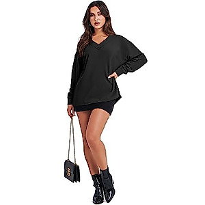 ANRABESS Women’s Casual Long Sleeve Sweatshirt V Neck Off Shoulder Shirt Loose Baggy Comfy Knit Pullover Sweaters Tunic Top 2023 Fall Clothes A1069heise-XL Black