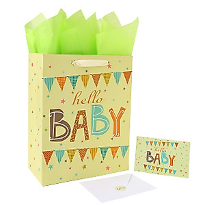 13" Large Light Yellow Gift Bag Set with Greeting Card and Green Tissue Paper(Hello Baby) for Baby Shower,Kids Birthday Party,Baby Boy or Girl, Newborn,New Moms or Parents 10.2”x5.2”x13”, 1 Pcs