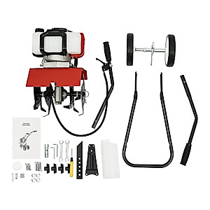 Tiller Cultivator, Powerful 52cc 2 Stroke Air-cooled Gas Engine, Gear Drive Transmission, Farm Yard Garden Tilling Tool, 6500 rpm, Red