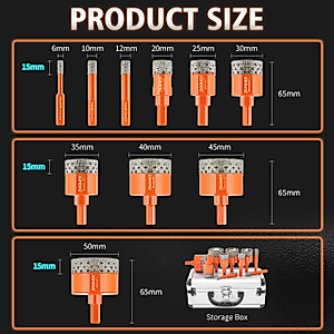 Diamond Hole Saw Kit for Tile, Ceramic, Granite, Marble and More Drilling - ZNXIMER 10pcs Tile Hole Saw Kit (6/10/12/20/25/30/35/40/45/50MM)
