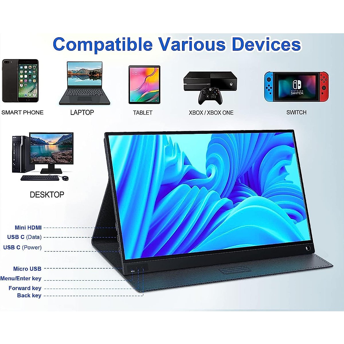 PONKLOIE Portable Monitor for Laptop 15.6” FHD 1080P Laptop Monitor, External Screen Computer Display with Speakers USB C HDMI Computer Monitor for MacBook Pro PC PS5, Include Smart Cover