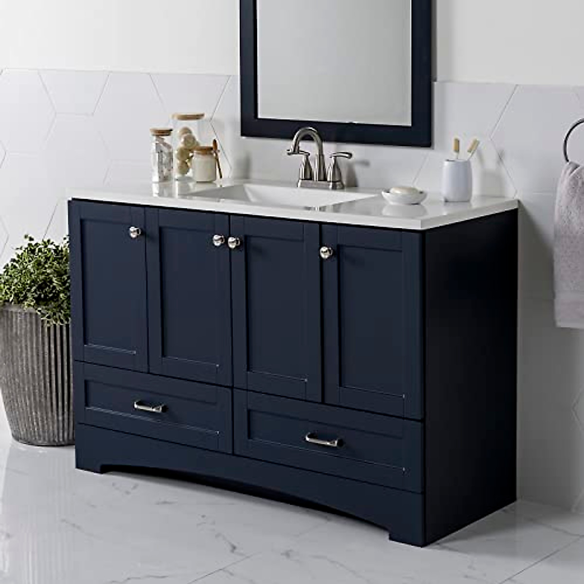 Spring Mill Cabinets Emlyn 48 Inch Bathroom Vanity with White Single Sink Top, 3 Cabinets, 2 Shelves, 2 Drawers, 48.5" W x 18.75" D x 32.89" H, Deep Blue