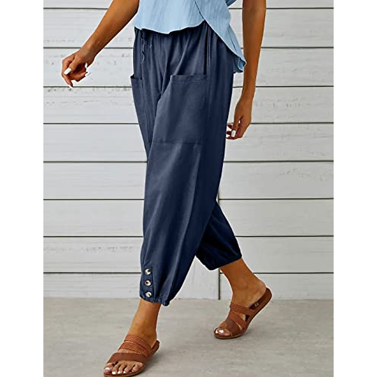 Acesulu Summer Linen High Waist Yoga Pants Drawstring Wide Leg Cropped Pants Trousers with Pockets for Women (0099-NavyBlue-XL)