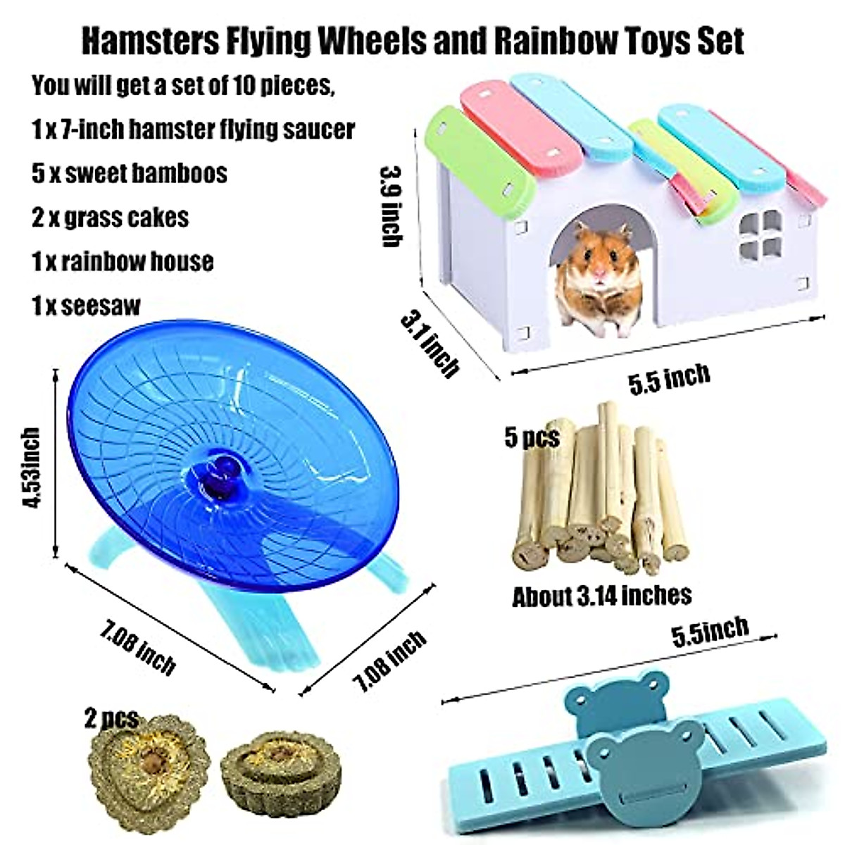 Hamiledyi Hamsters Flying Saucer Silent Running Exercise Wheels 10 Pcs Wooden Rainbow Gerbil House with Seesaw Small Animal Chew Toys for Teeth Care Molar Grass Cake Sweet Bamboo Snacks for Dwarf Mice