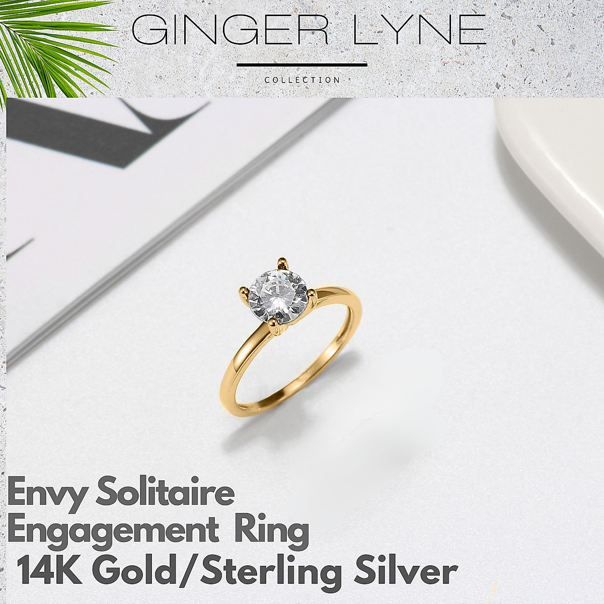Solitaire CZ 925 Sterling Silver Engagement Rings for Women by Ginger Lyne | 1.5 Ct Faux Diamond Ring | Plated 14k Gold Wedding Rings for Women | Fake Travel Promise Rings for Her - Size 6