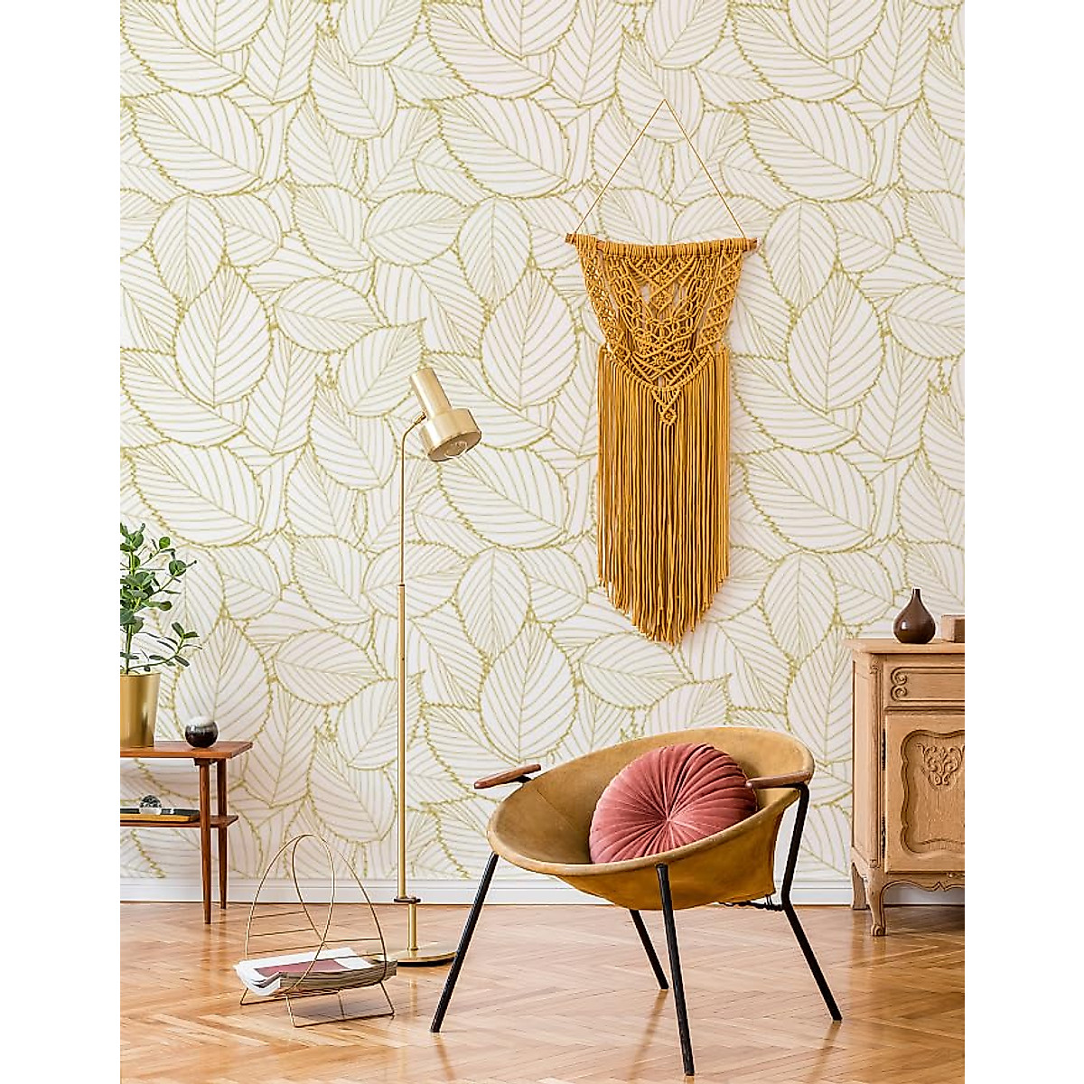 Peel and Stick Wallpaper Gold Contact Paper Leaf Wallpaper Boho Leaves Peel and Stick Wallpaper Self-Adhesive Wallpaper Waterproof Wallpaper for Wall Home 17.7" X118"
