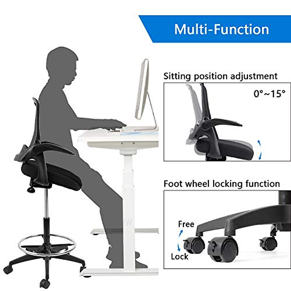 Devoko Drafting Chair Tall Office Chair with Flip-up Armrests Executive Computer Standing Desk Chair with Lockable Wheels and Adjustable Footrest Ring (Black)