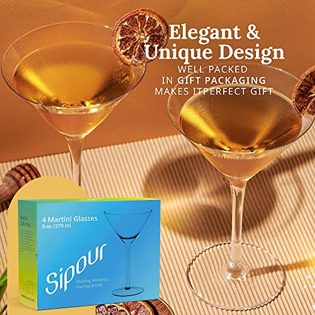 Martini Glasses Set of 4 – Hand Blown Crystal Martini Glasses with Stem – 8oz Elegant Cocktail Glasses for Hosting Parties – Give a Fancy Martini Set Gift