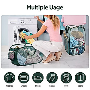 OTraki 2 Pack 70L Mesh Laundry Hampers with Long Handles Pop Up Clothes Basket for Laundry Collapsible Hamper with Large Side Pocket for Socks Detergent Hangers Easy to Carry in Home Hotel Green